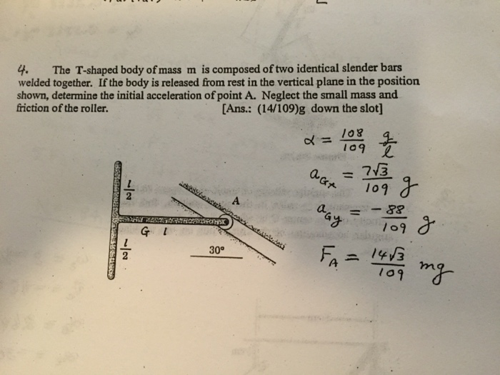 Solved The T-shaped body of mass m is composed of two | Chegg.com