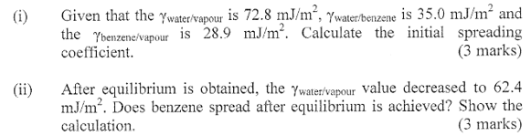Solved (i) Given that the gamma_water/vapour is 72.8 mJ/m^2, | Chegg.com