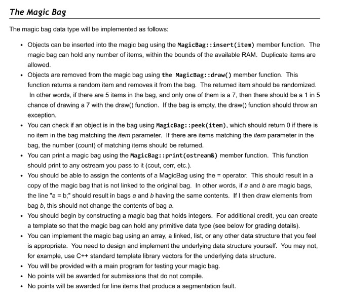 Solved The Magic Bag The ma gic bag data type will be | Chegg.com