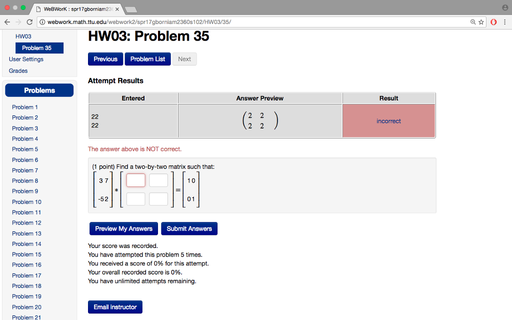 Solved WeBWork spr17gborniam23 x C O webwork math ttu.edu/ | Chegg.com