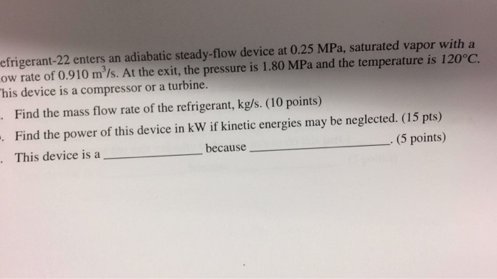 Solved Refrigerant-22 enters an adiabatic steady-flow device | Chegg.com