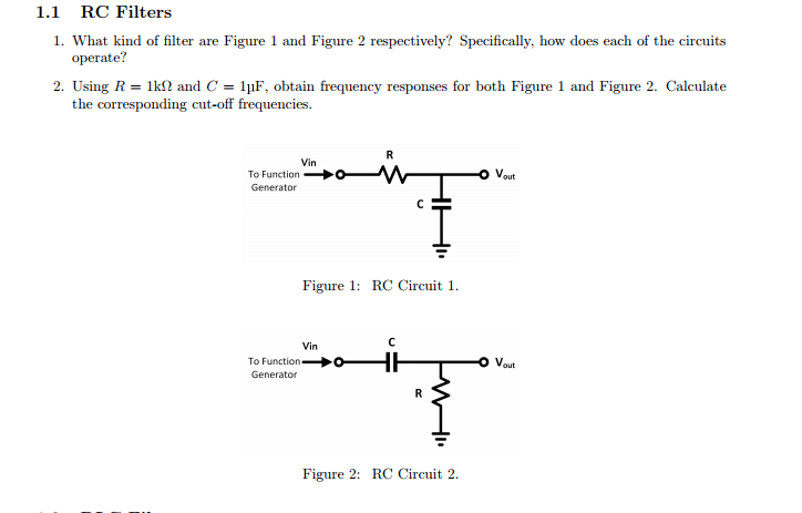 Solved 1.1 RC Filters . What kind of filter are Figure 1 and | Chegg.com