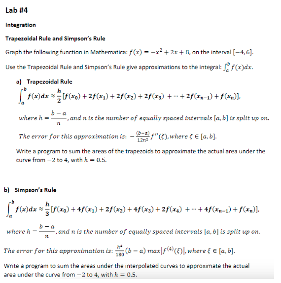 Lab #4 Integration Trapezoidal Rule and Simpson's | Chegg.com