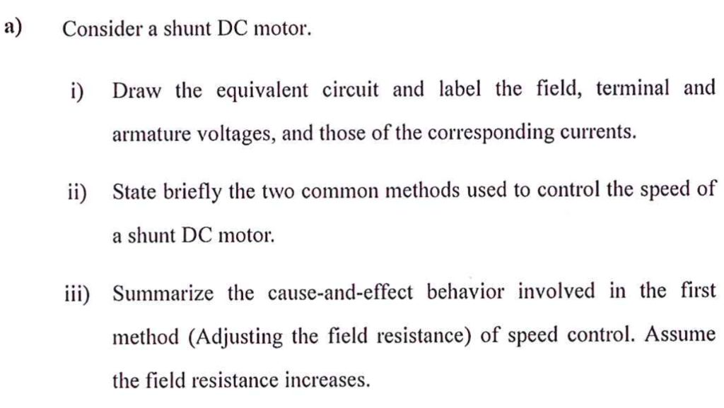 Solved a) Consider a shunt DC motor. i) Draw the equivalent | Chegg.com