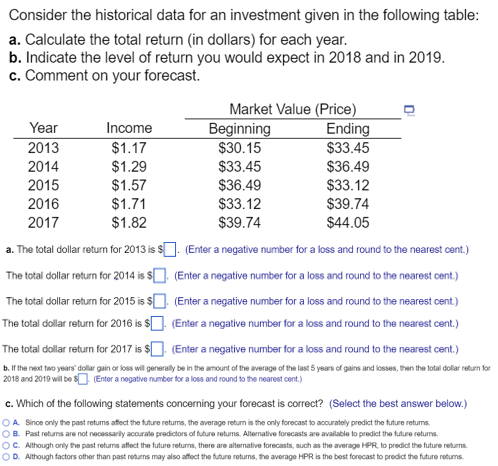 Solved Consider the historical data for an investment given | Chegg.com