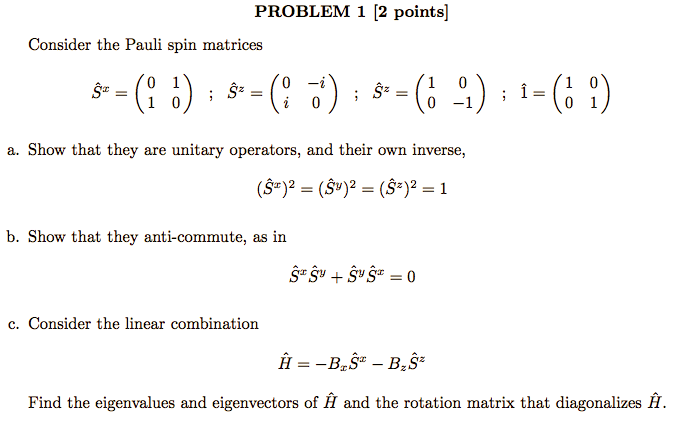 Solved PROBLEM 1 [2 points] Consider the Pauli spin matrices | Chegg.com