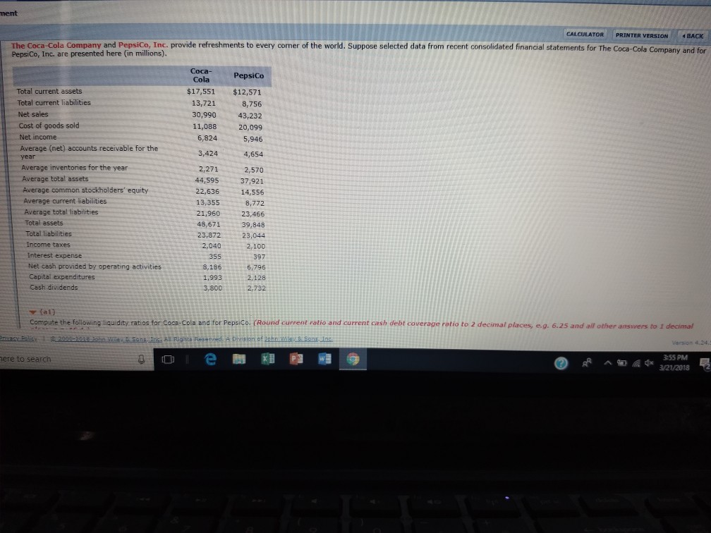 Solved ment CALCULATOR PRINTER VERSION BACK The Coca-Cola | Chegg.com