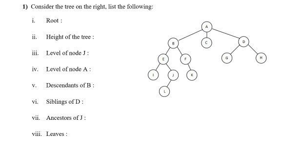Solved 1) Consider the tree on the right, list the | Chegg.com