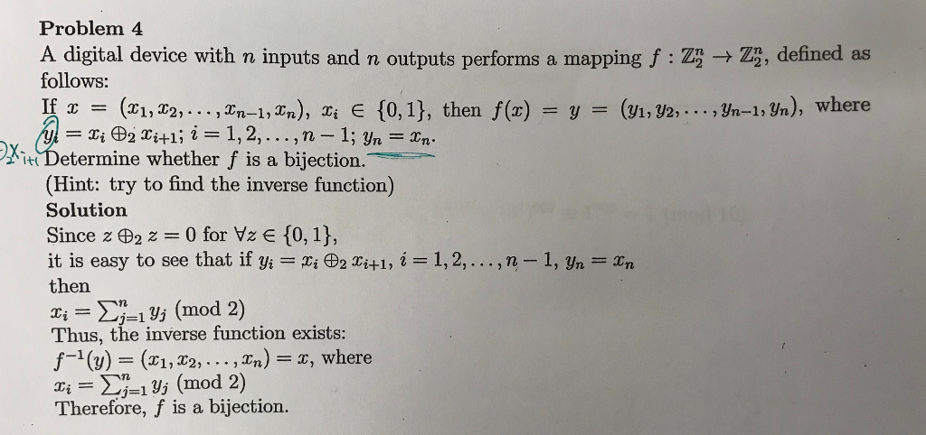 Solved Problem 4 A digital device with n inputs and n | Chegg.com