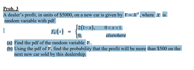 Solved Prob. 3 A dealer's profit, in units of $5000, on a | Chegg.com