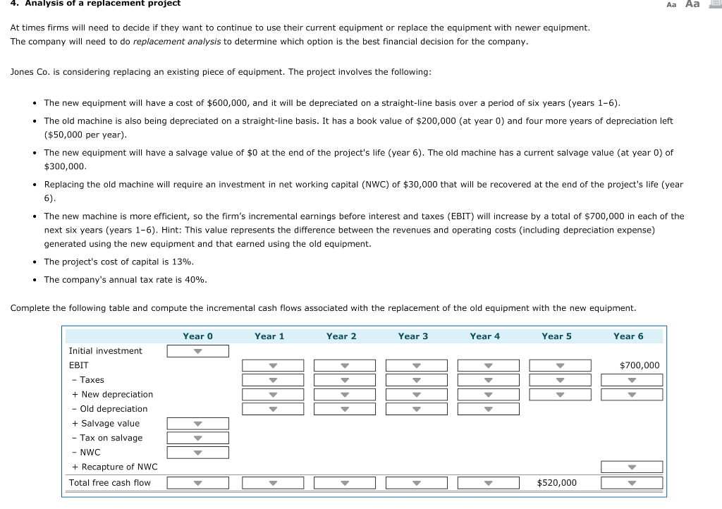Solved 4. Analysis of a replacement project Aa Aa At times | Chegg.com