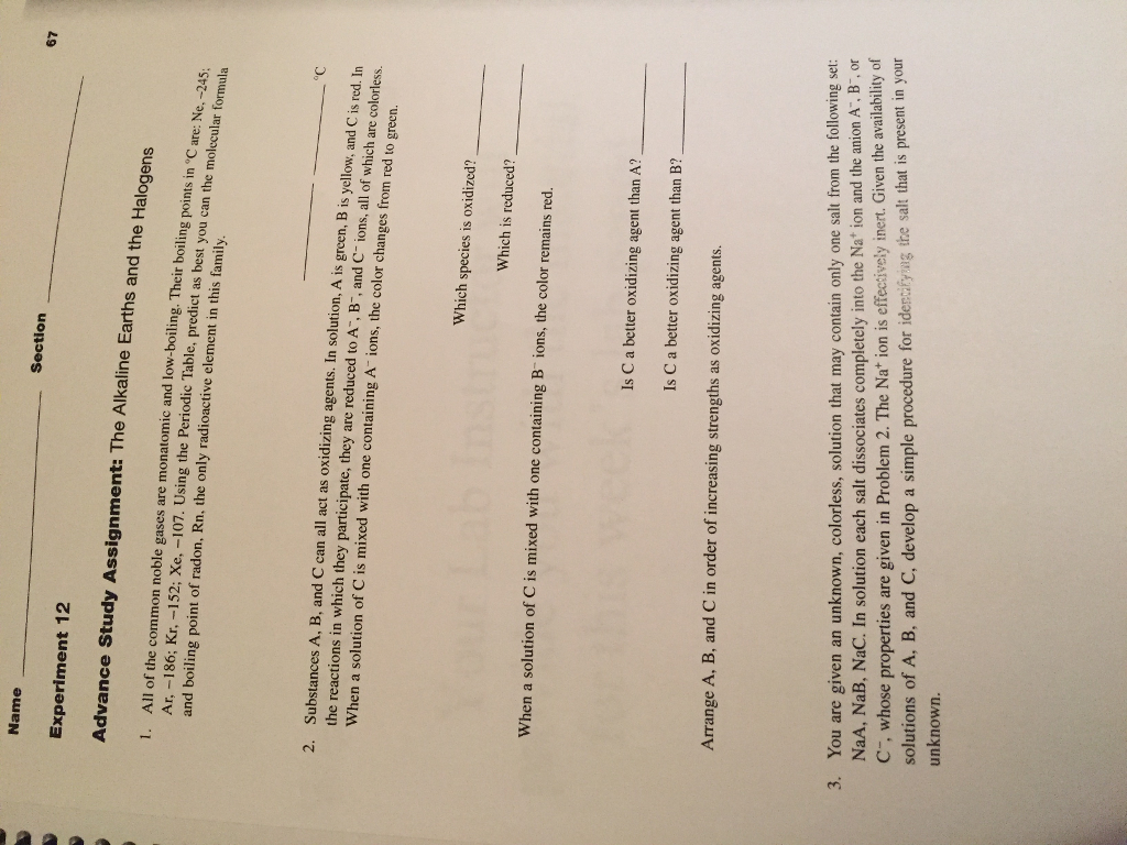 Solved Advance Study Assignments: The Alkaline Earths and | Chegg.com