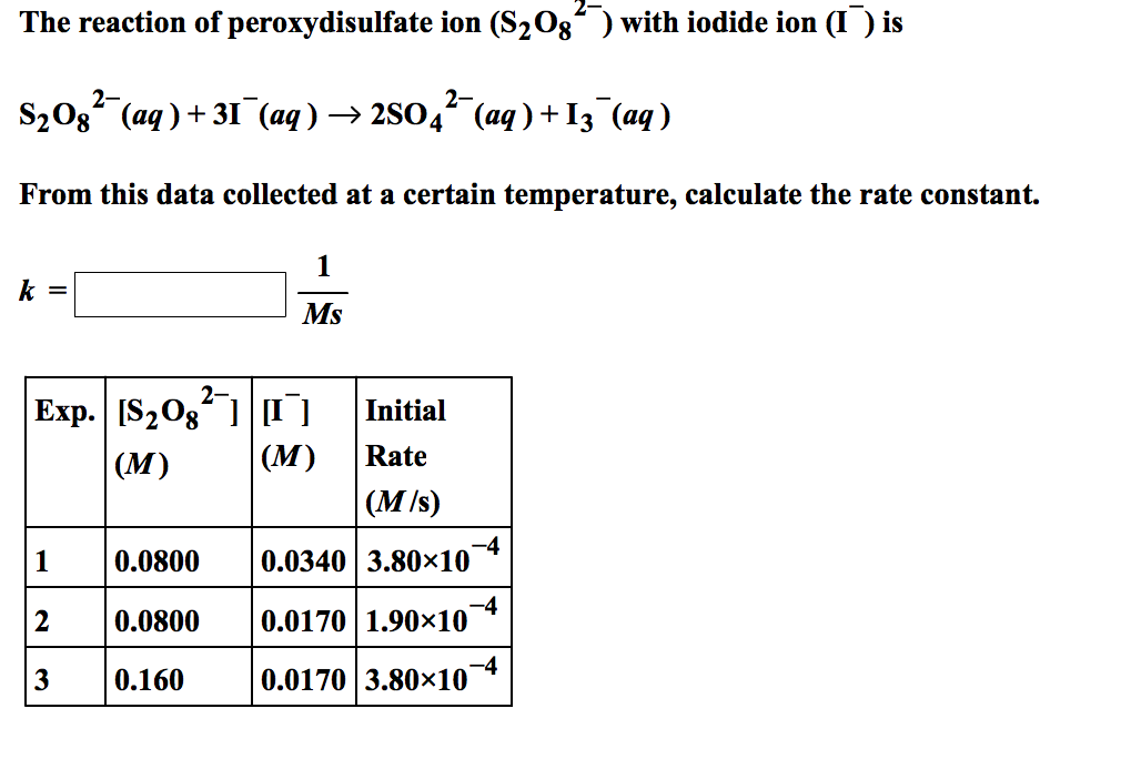 Solved The reaction of peroxydisulfate ion (S2O8^z-) with | Chegg.com