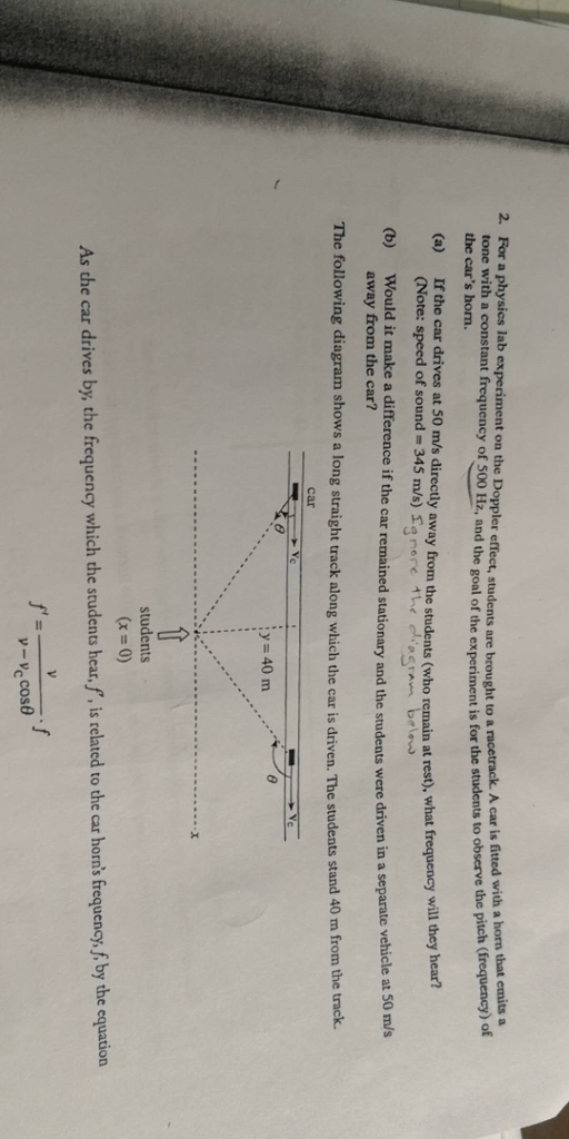 Solved 2. For a physics lab experiment on the Doppler | Chegg.com