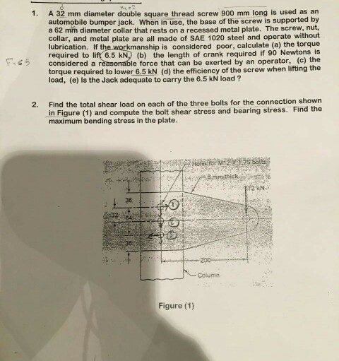 Solved A 32 mm diameter double square thread screw 900 mm | Chegg.com