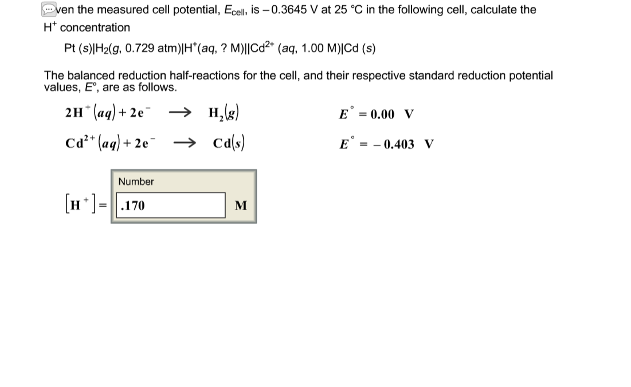 The measured cell potential, E_cell, is -0.3645 V | Chegg.com