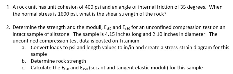 1. A rock unit has unit cohesion of 400 psi and an | Chegg.com
