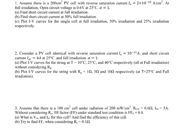 Solved Assume there is a 200cm^2 PV cell with reverse | Chegg.com
