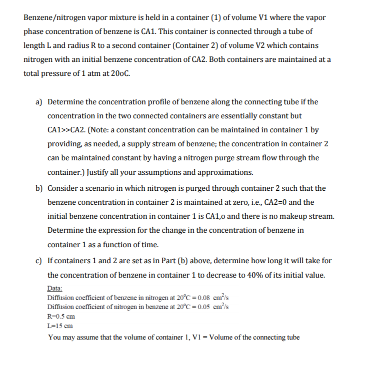 Benzene/nitrogen vapor mixture is held in a container | Chegg.com