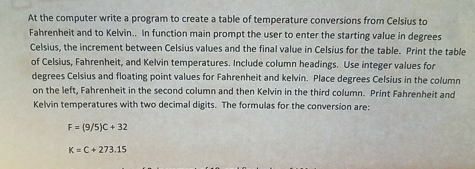 Solved At the computer write a program to create a table of | Chegg.com
