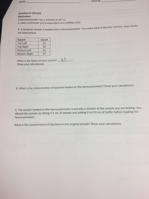 Solved A hemocytometer has a volume of 10^4 cc A cubic | Chegg.com