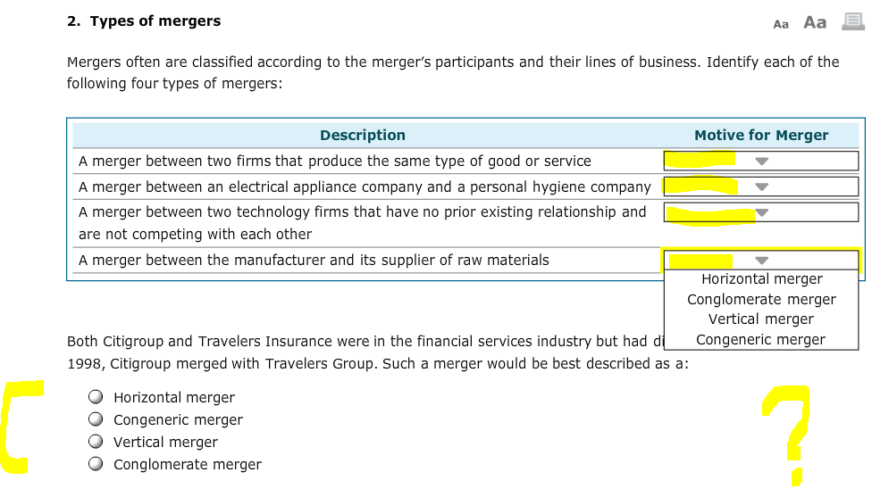 Solved 2. Types of mergers Aa Aa Mergers often are | Chegg.com