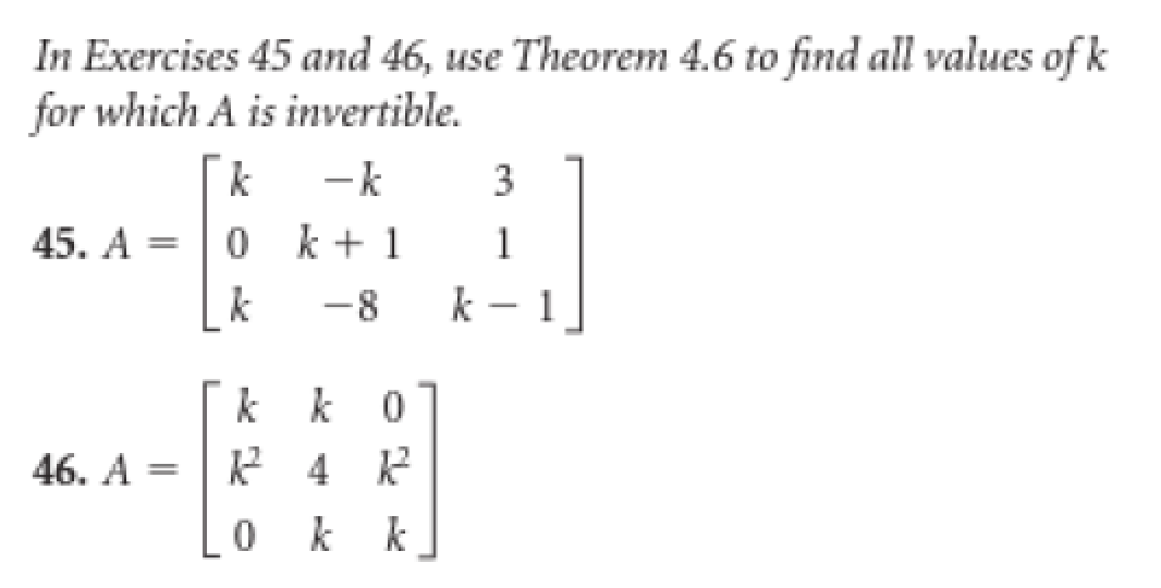 Solved linear algebra find values of k the soulition is | Chegg.com