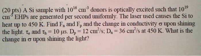 Solved A Si sample with 10^16 cm^-3 donors is optically | Chegg.com Solved A Si sample with 10^16 cm^-3 donors is optically | Chegg.com