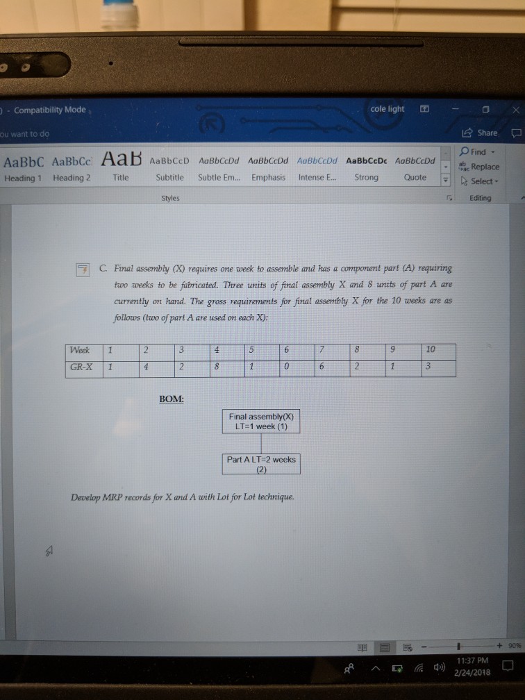 Solved TOM432 MRP HW File Home Insert Draw Design Layout | Chegg.com