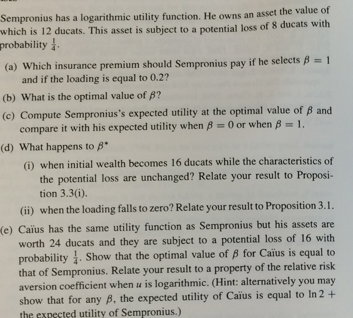 Sempronius has a logarithmic utility function. He | Chegg.com