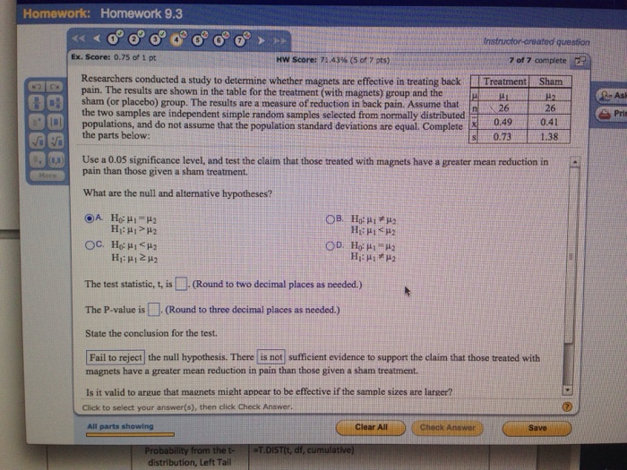 Solved Section 9.3 stat homework!! What's the test statistic | Chegg.com