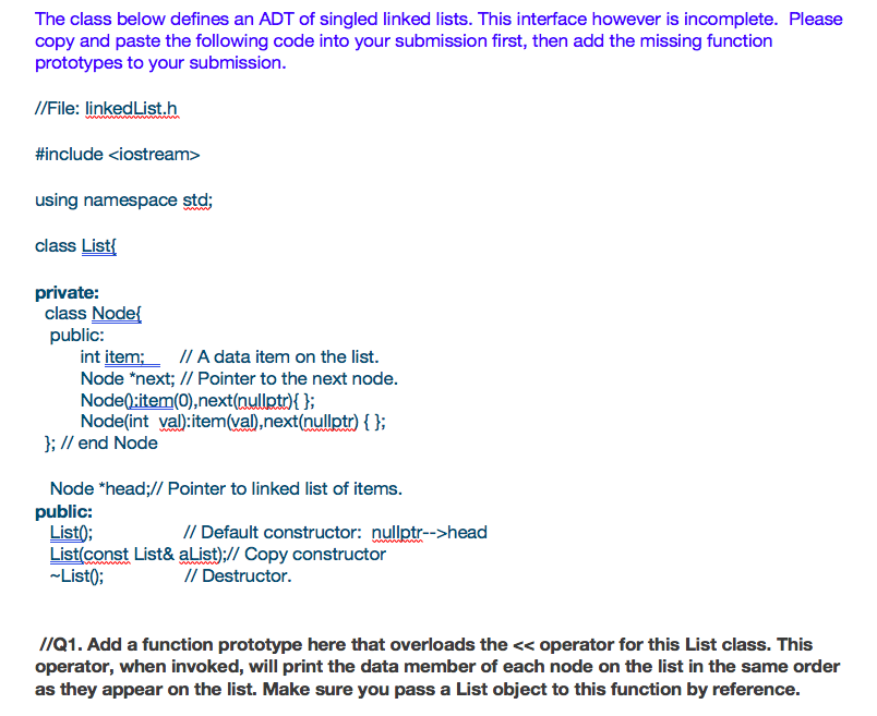 Solved The class below defines an ADT of singled linked | Chegg.com