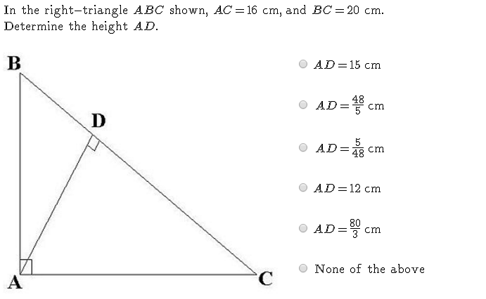 Solved In The Right Triangle Abc Shown Ac 16 Cm And Bc Chegg