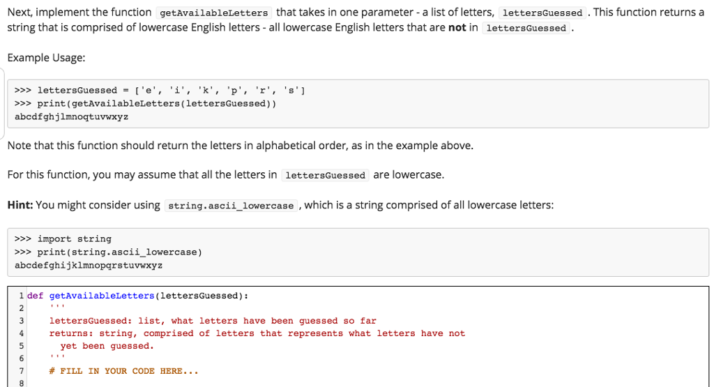 Solved Next, implement the function getAvailableLetters that | Chegg.com