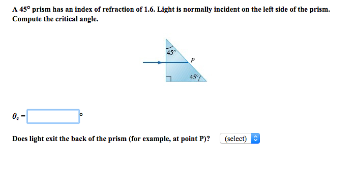 Solved A 45 degree prism has an index of refraction of 1.6. | Chegg.com