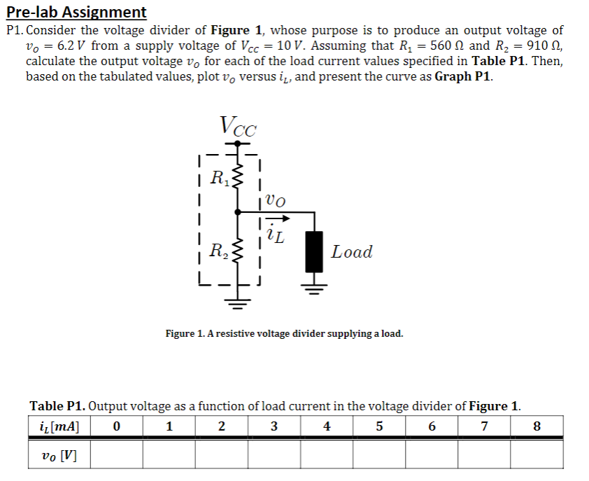 Solved Pre-lab Assignment P1. Consider the voltage divider | Chegg.com