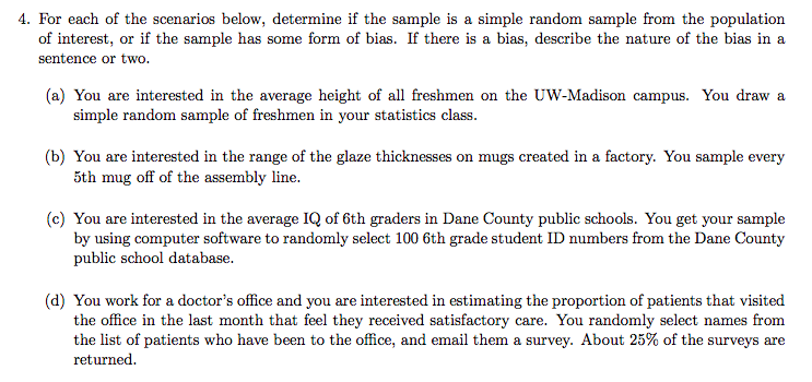 Solved 4. For each of the scenarios below, determine if the | Chegg.com