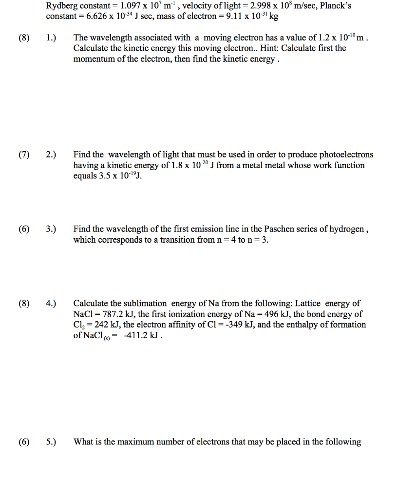 Solved Rydberg constant = 1 097 times 10^7 m^-1, velocity of | Chegg.com