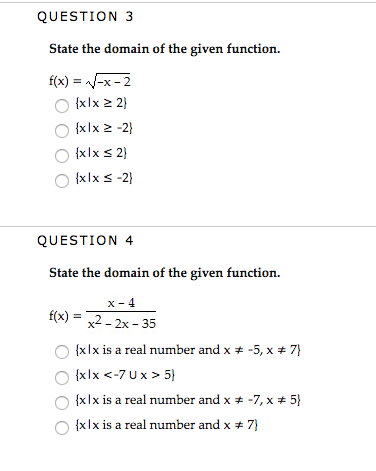 Solved State the domain of the given function. f (x) = | Chegg.com