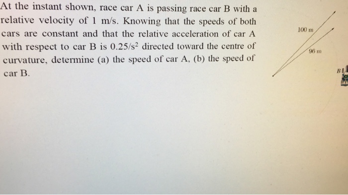 Solved At the instant shown, race car A is passing race car | Chegg.com