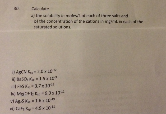 Solved Calculate the solubility in moles/L of each of three | Chegg.com
