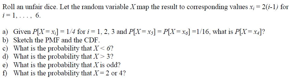 Solved Roll an unfair dice. Let the random variable X map | Chegg.com