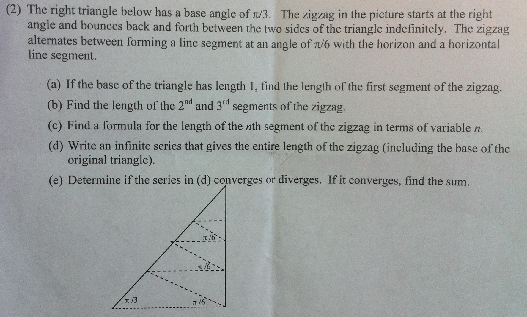 Solved The right triangle below has a base angle of pi /3. | Chegg.com
