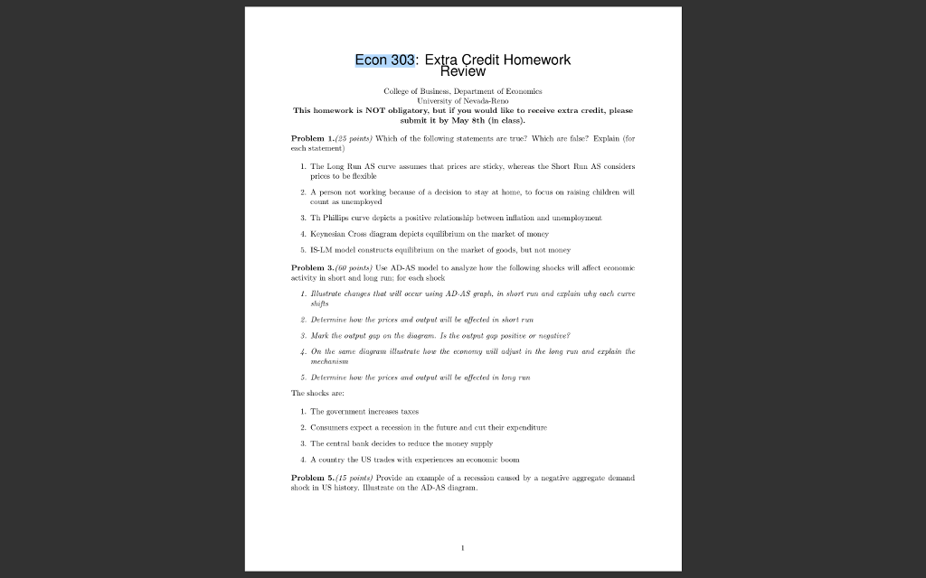 Econ 303: Extra Credit Homework eview College of | Chegg.com