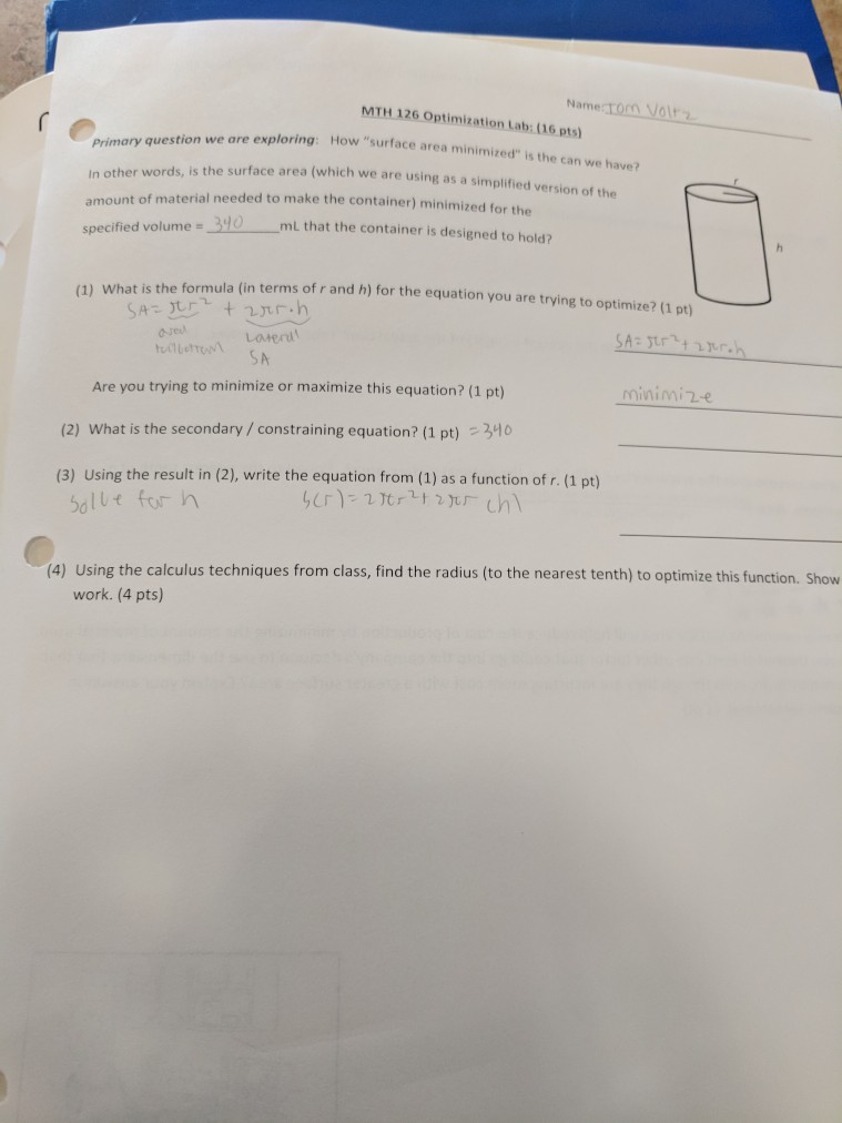Solved MTH 126 Optimization Lab: (16 pts) Primary question | Chegg.com