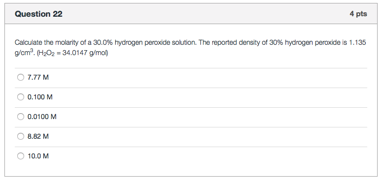 Solved Calculate the molarity of a 30.0% hydrogen peroxide | Chegg.com