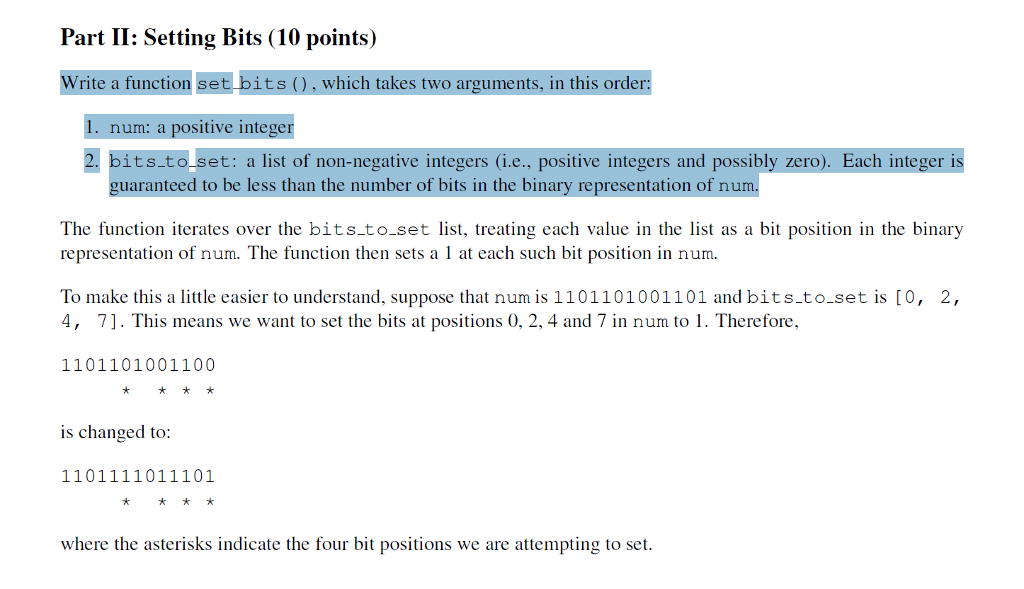 Solved Part I: Setting Bits (10 points) Write a function set | Chegg.com
