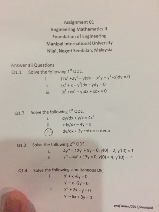 Solved Solve the following 1^st ODE. i. (2x^2 +2y^2 - y)dx + | Chegg.com Solved Solve the following 1^st ODE. i. (2x^2 +2y^2 - y)dx + | Chegg.com