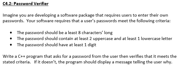 Solved C4.2: Password Verifier Imagine you are developing a | Chegg.com