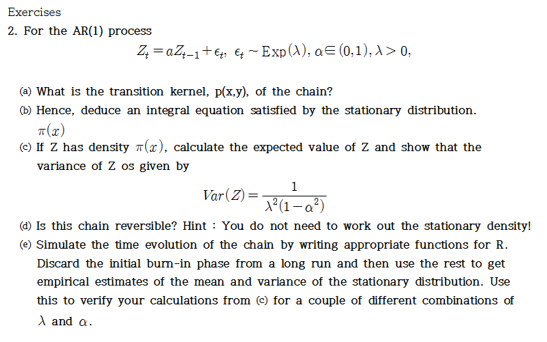 Exercises 2. For the AR(1) process (a) What is the | Chegg.com